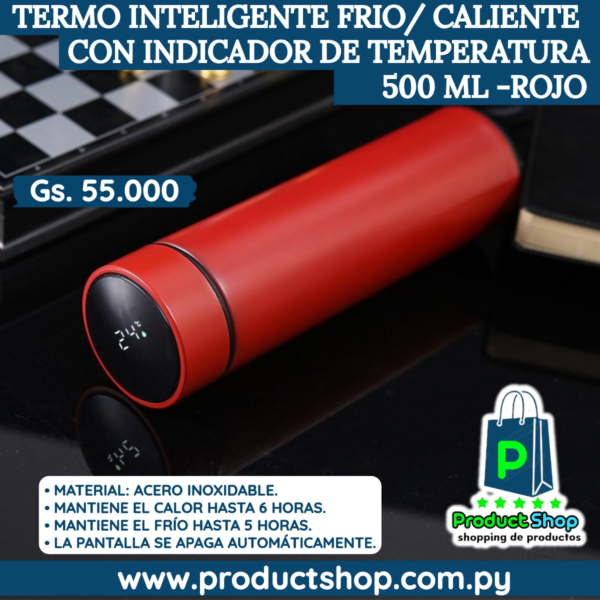 Termo inteligente con indicador de temperatura 500ml - Rojo - ProductShop